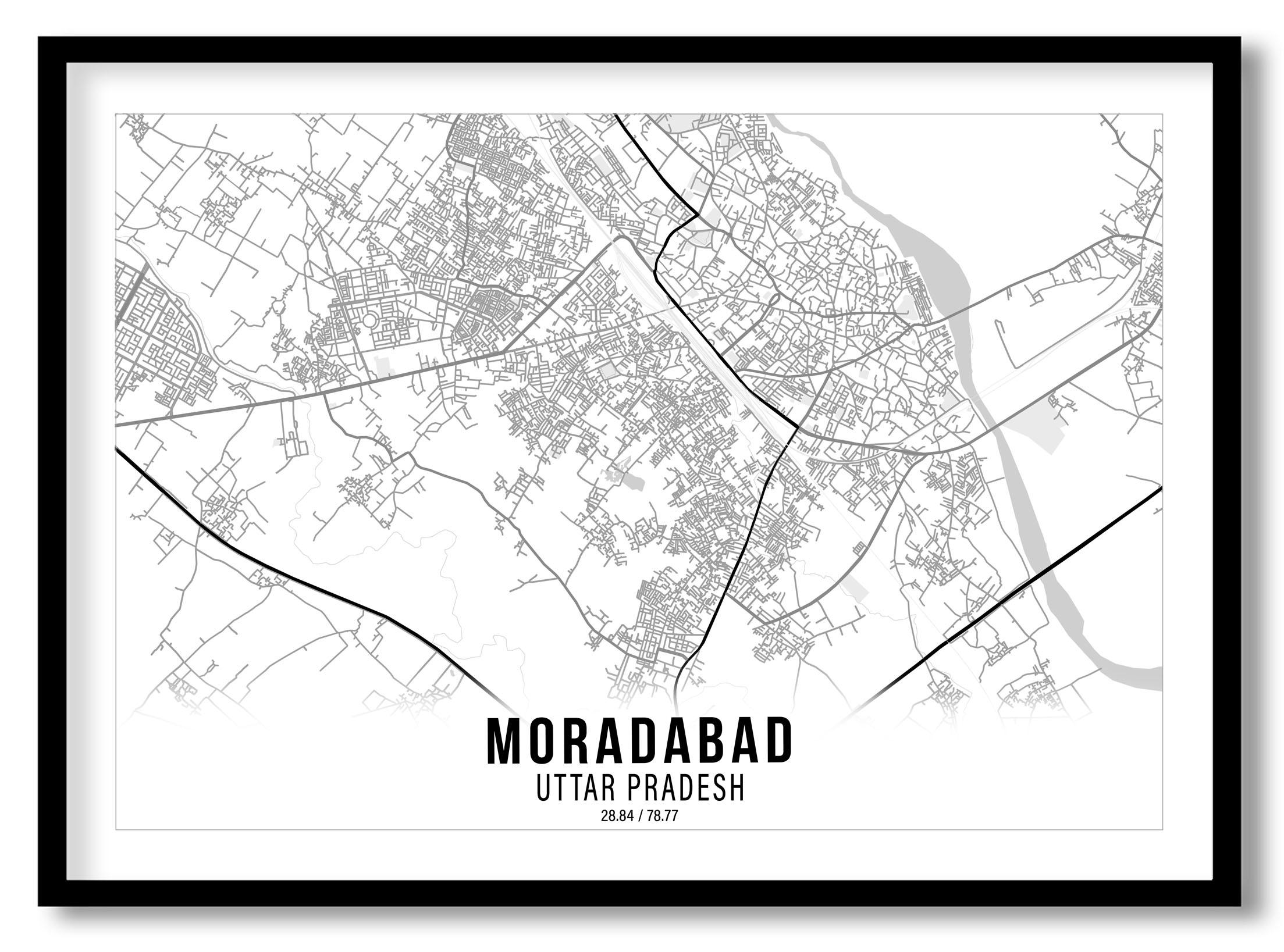 Black poster map of moradabad - Framed Wall Art, Wall Décor, Paintings ...