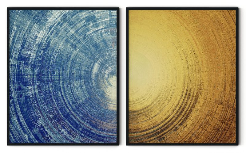 Set of 2 abstract blue and yellow circle - Wall Art Decor, Framed ...