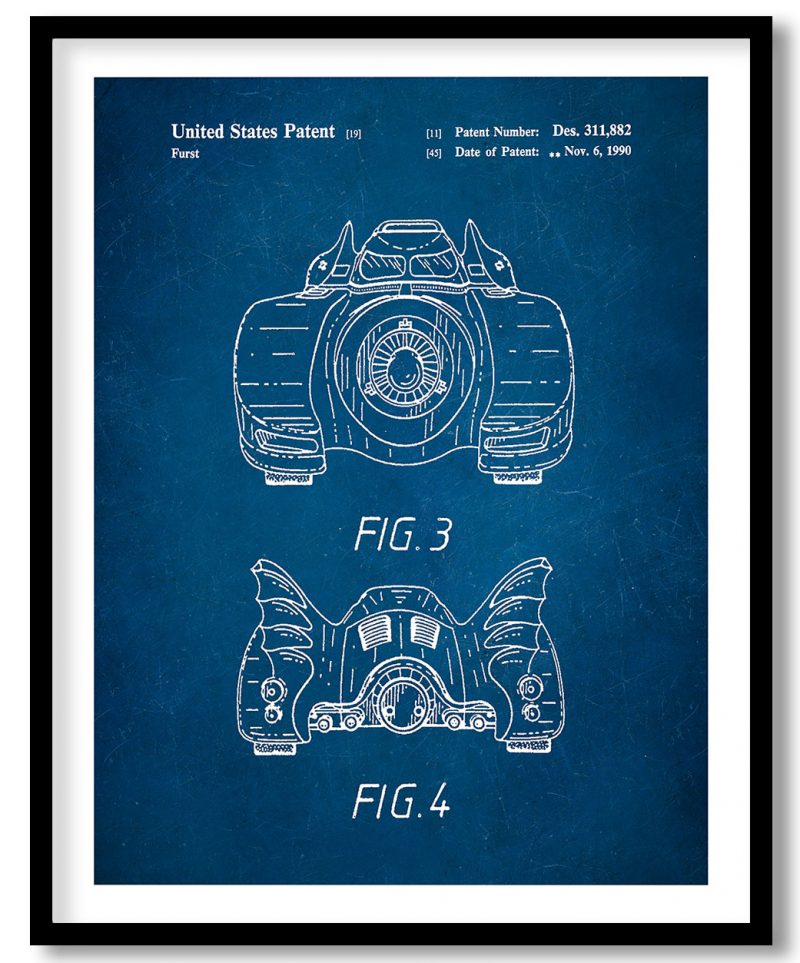 Batman batmobile front and rear view 1990 blueprint - Framed Wall Art ...