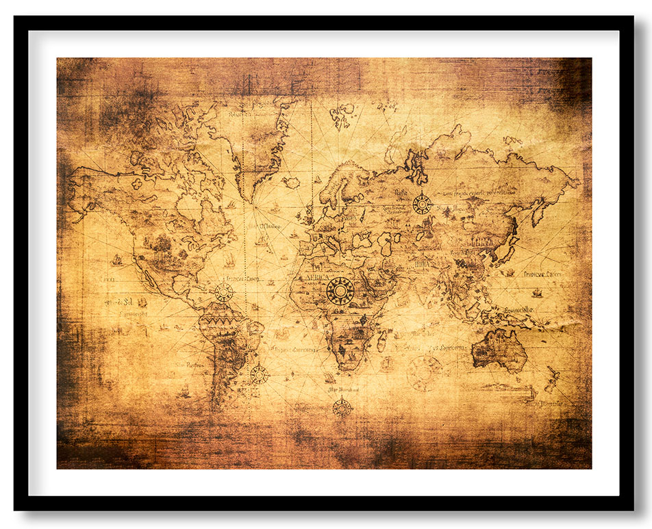Vintage olden stained parchment map - Framed Wall Art, Wall Décor ...