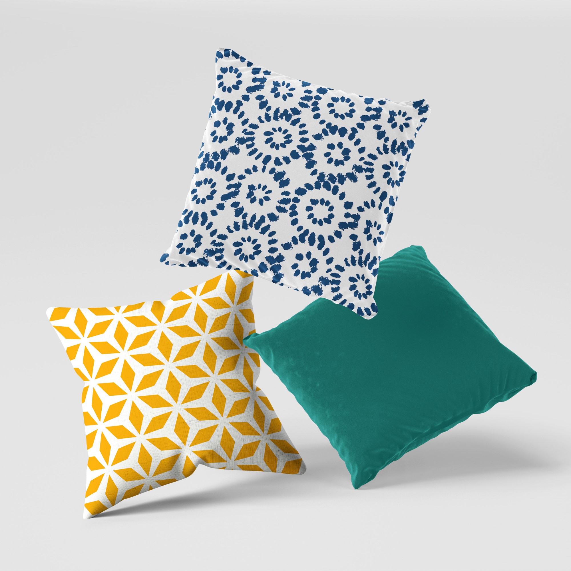 Throw Pillow Cushion Covers - Set of 3 blue and yellow patterned ...