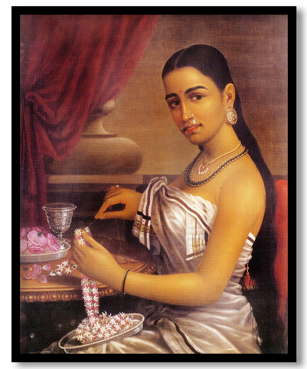 Lady making a garland by Raja Ravi Varma (1895) - BestOfBharat